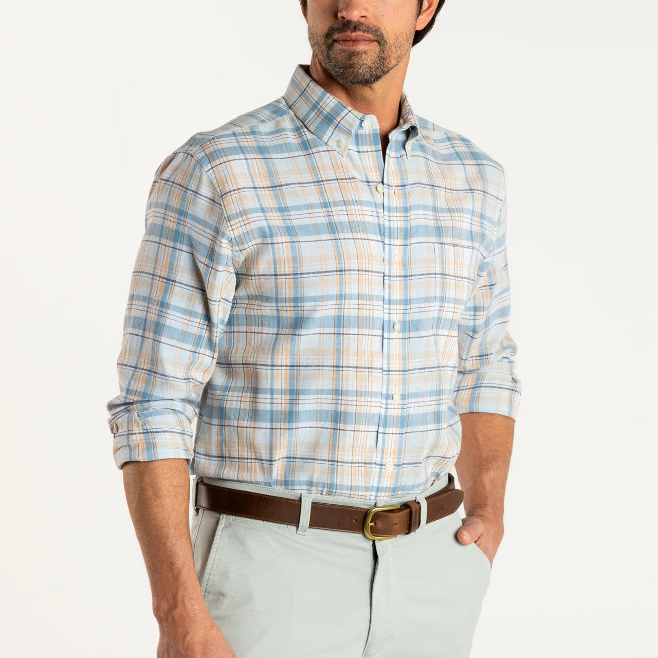 Duck Head Kinston Plaid Linen Cotton Oxford Sport Shirt: Sky Blue ...