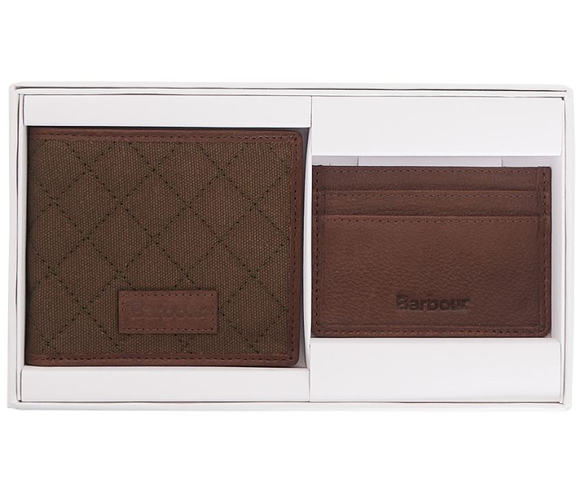 Barbour Quilted Padbury Wallet & Card Holder Gift Set: Dark Brown/Olive ...